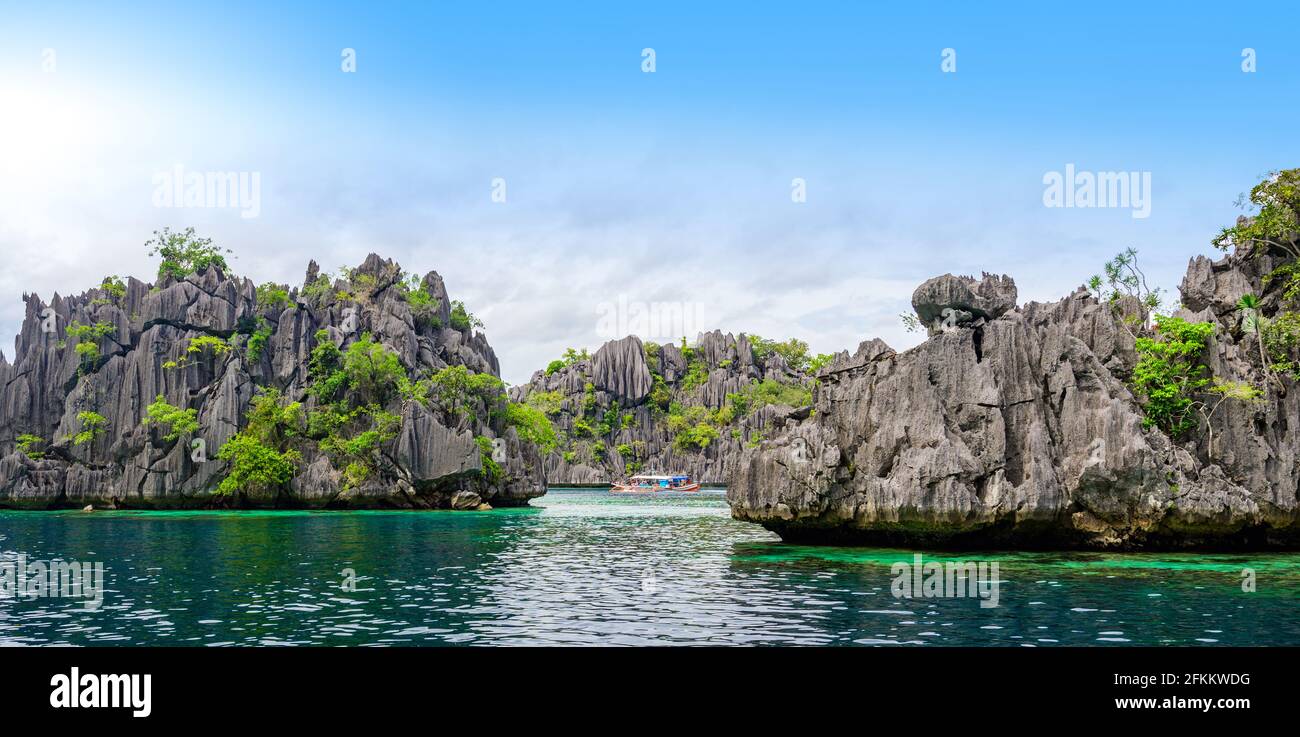 Twin Lagoon on paradise island with sharp limestone rocks, tropical ...