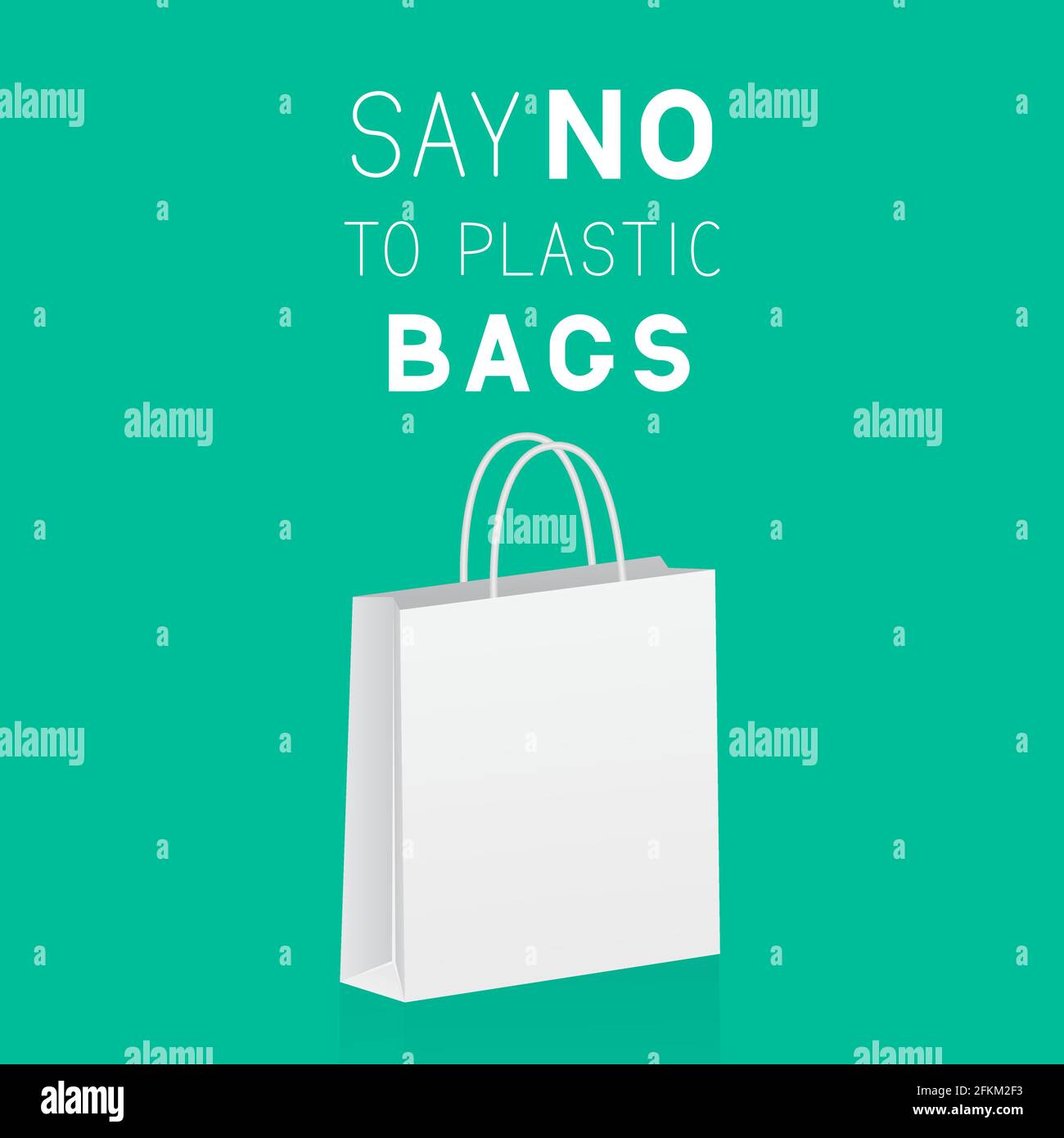 Say no to plastic bags phrase and shopping bag on green background. Pollution problem concept ...