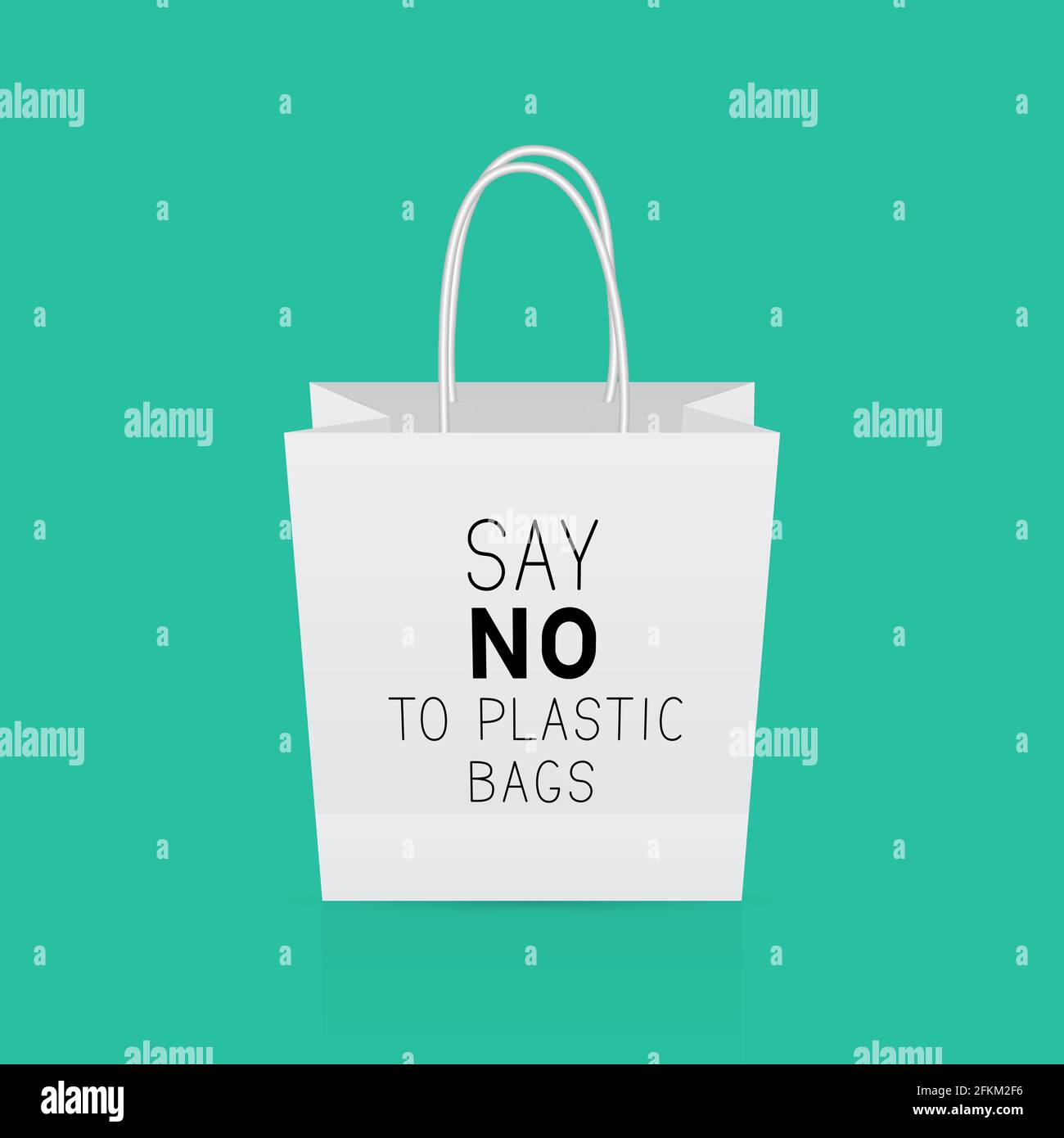 Say no to plastic bags phrase written on shopping bag on green background. Pollution problem ...