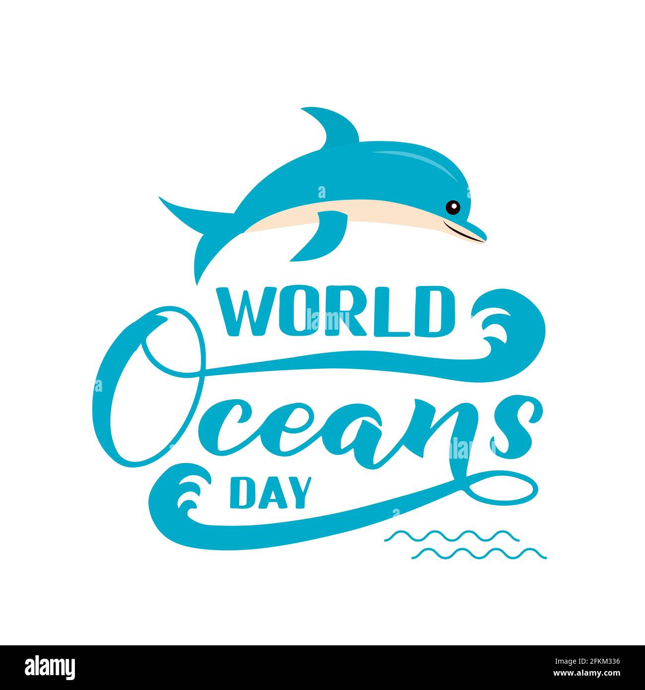 World Oceans Day calligraphy hand lettering with cute cartoon dolphin ...