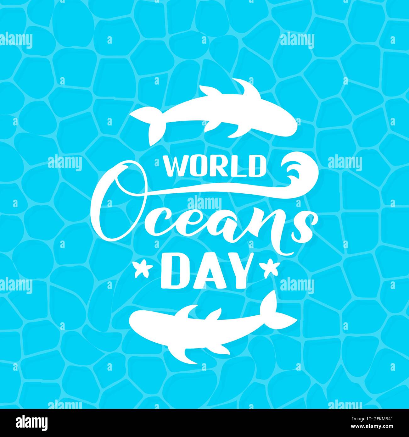 World Oceans Day calligraphy hand lettering on blue water surface ...