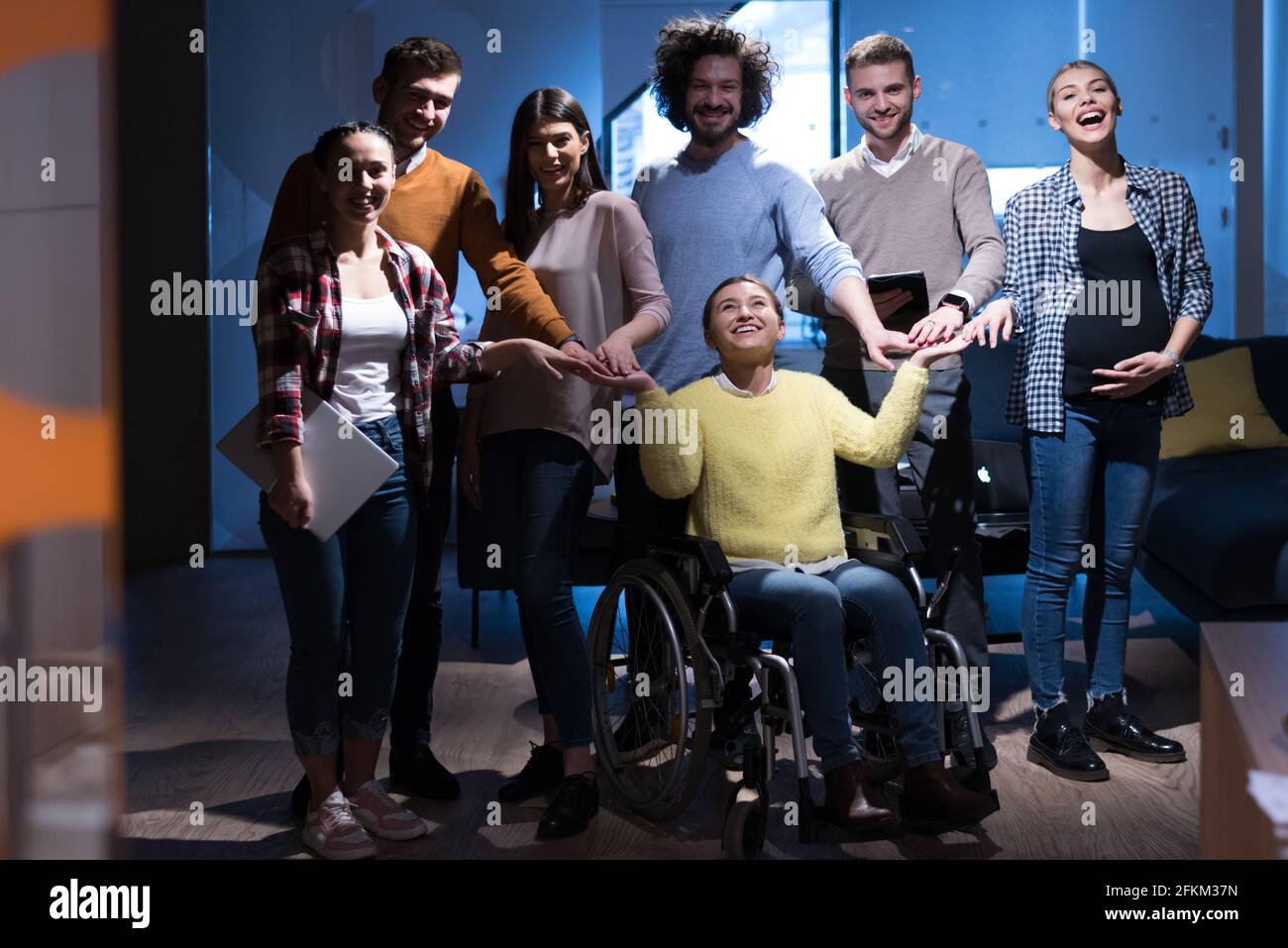 Happy Workers Have Fun in Modern Office, Handicaped Man on Wheelchair ...