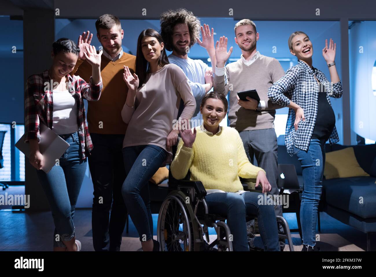 Happy Workers Have Fun in Modern Office, Handicaped Man on Wheelchair ...