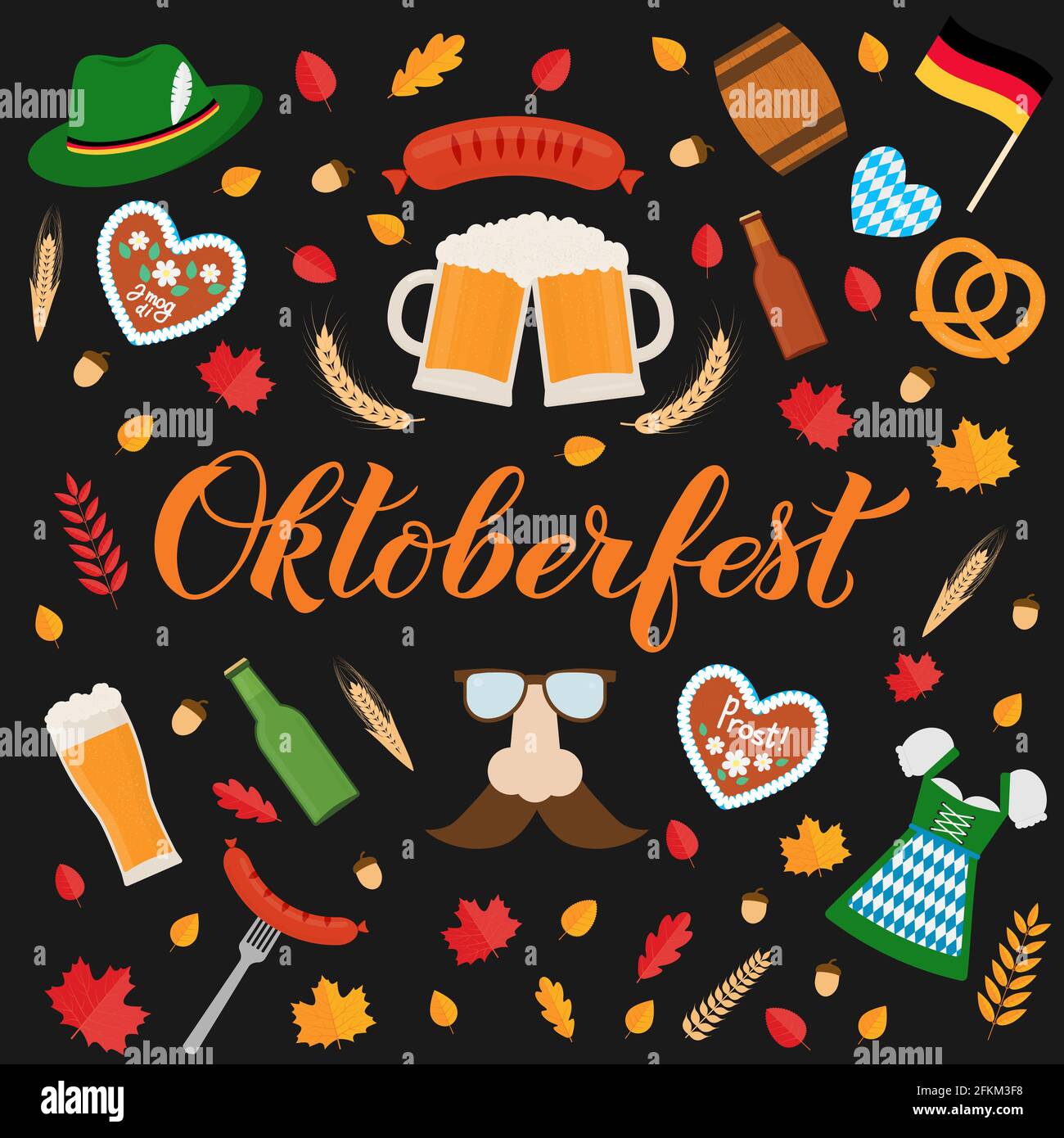Oktoberfest calligraphy hand lettering with traditional symbols in flat ...