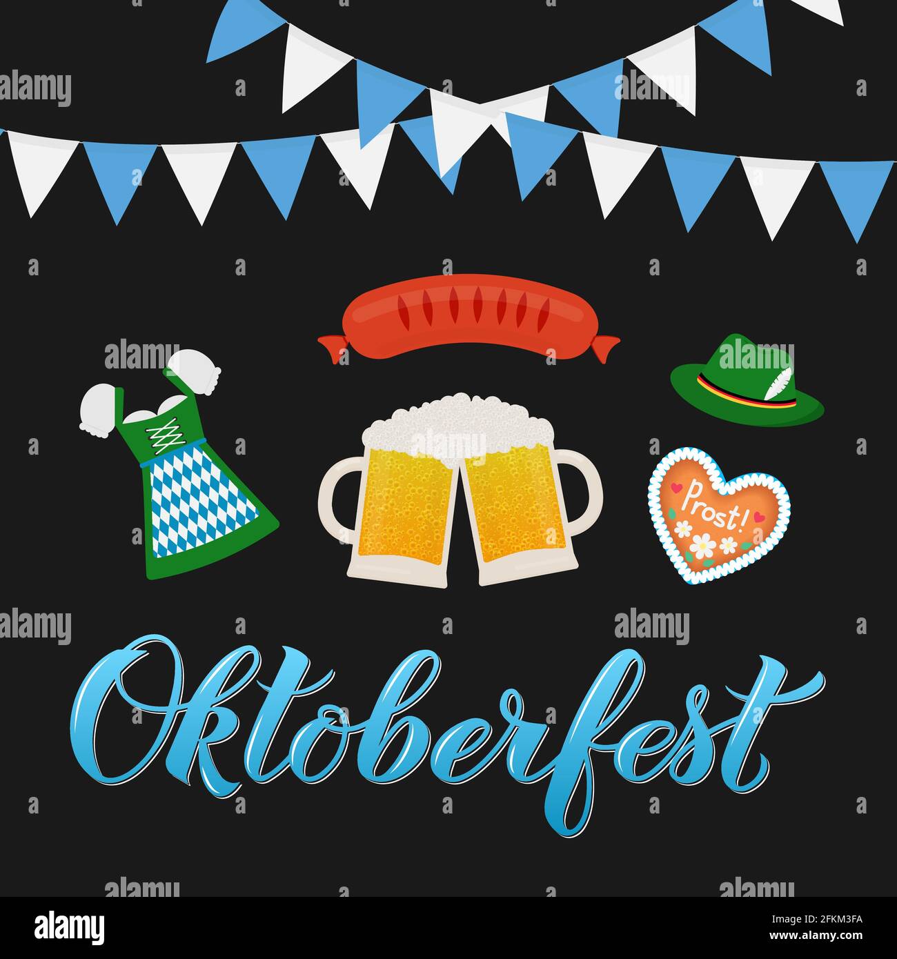 Oktoberfest calligraphy hand lettering with traditional symbols in flat ...