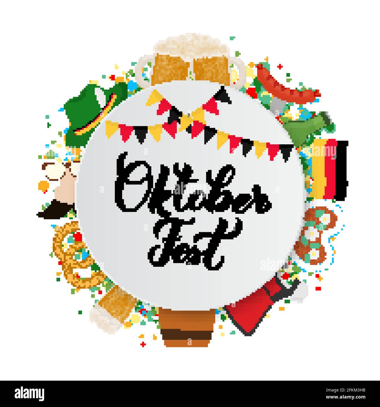 Oktoberfest calligraphy hand lettering with traditional symbols in flat ...