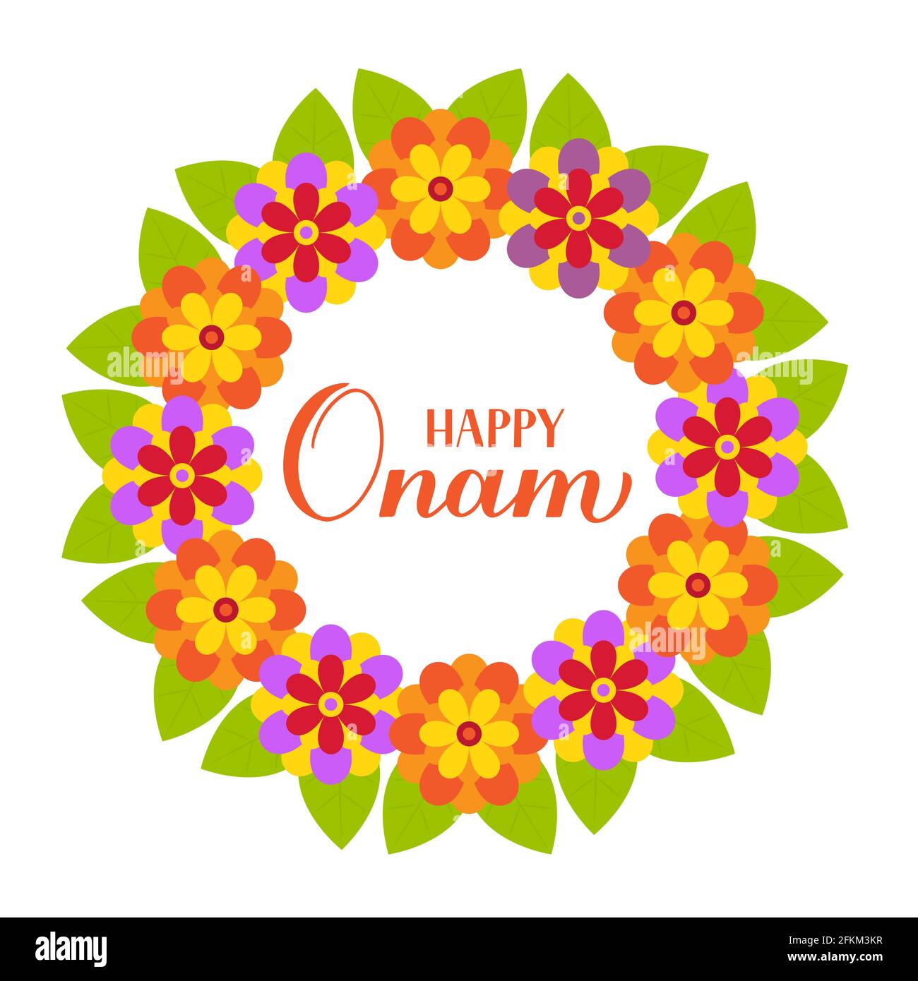 Happy Onam calligraphy hand lettering on colorful flower rangoli. South ...