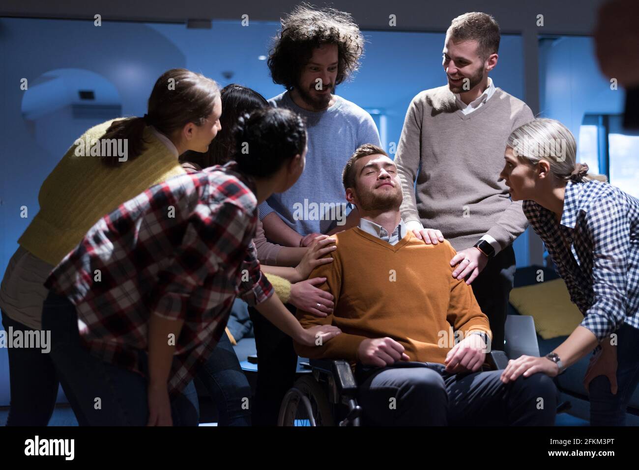 Happy Workers Have Fun in Modern Office, Handicaped Man on Wheelchair ...