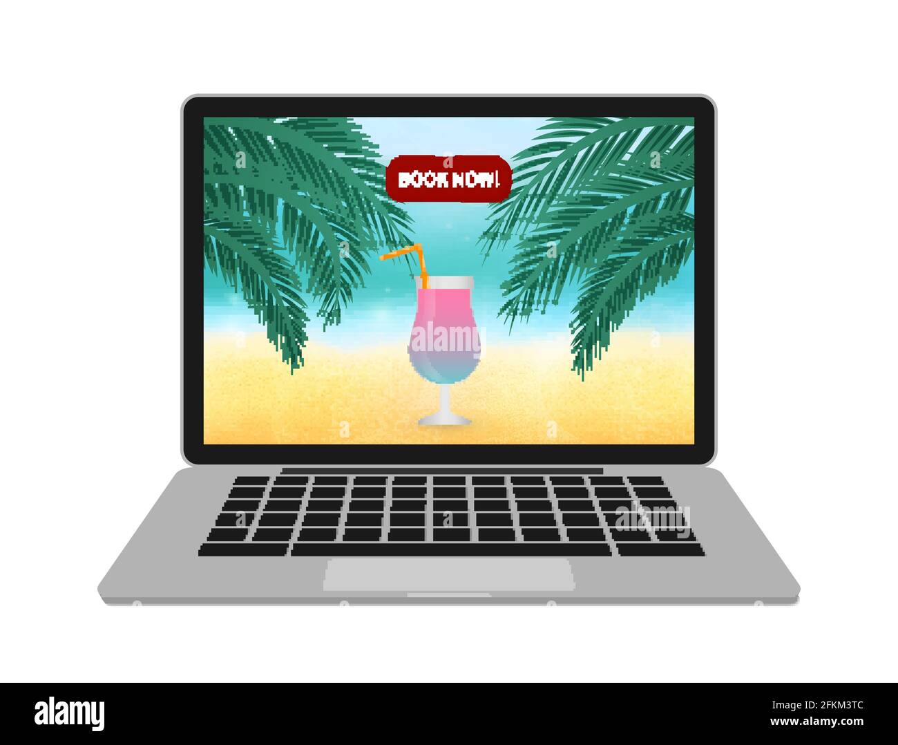 Laptop screen with Tropical beach, Palm leaves and a glass of cocktail ...