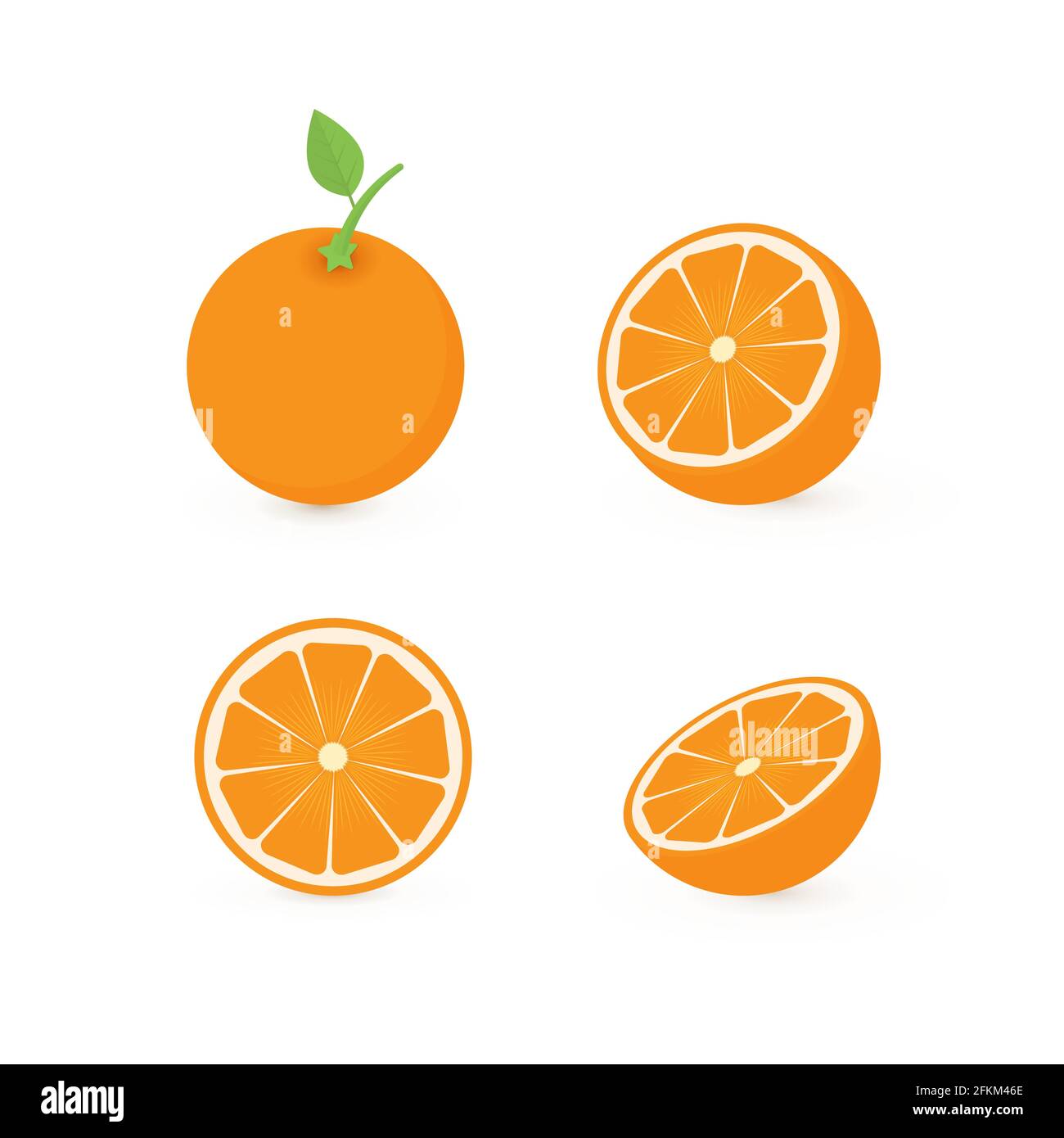 Set of four fresh oranges different views: whole, half, slice. Natural ...