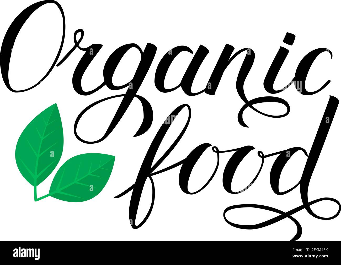 Organic food hand written phrase with green leaves isolated on white ...