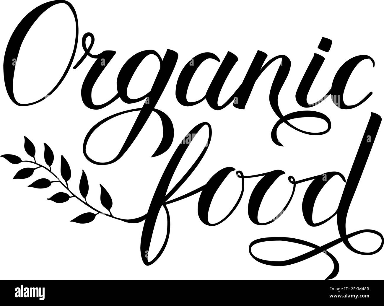 Organic food hand written phrase with leaves branch isolated on white ...