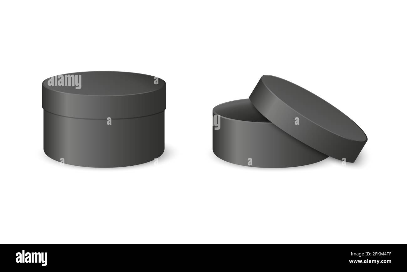 Black round cardboard realistic boxes. Closed and open empty cylinder ...