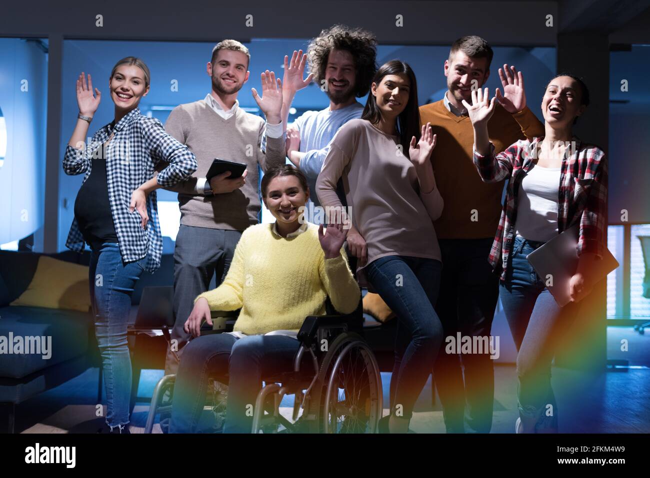 Happy Workers Have Fun in Modern Office, Handicaped Man on Wheelchair ...