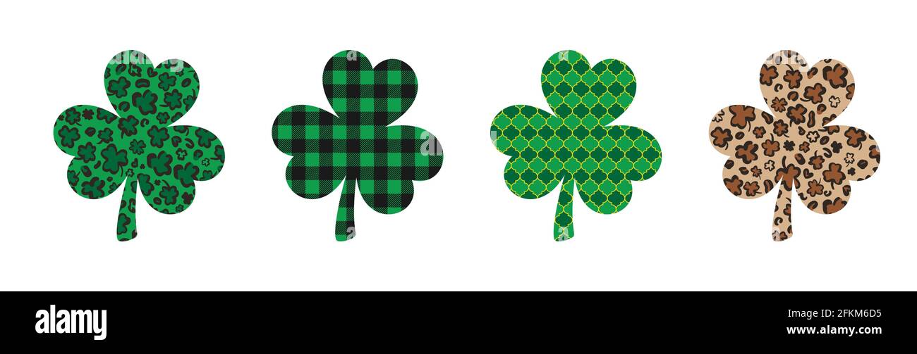 Set of 4 Shamrock or clover leaves made of Leopard print, buffalo plaid ...