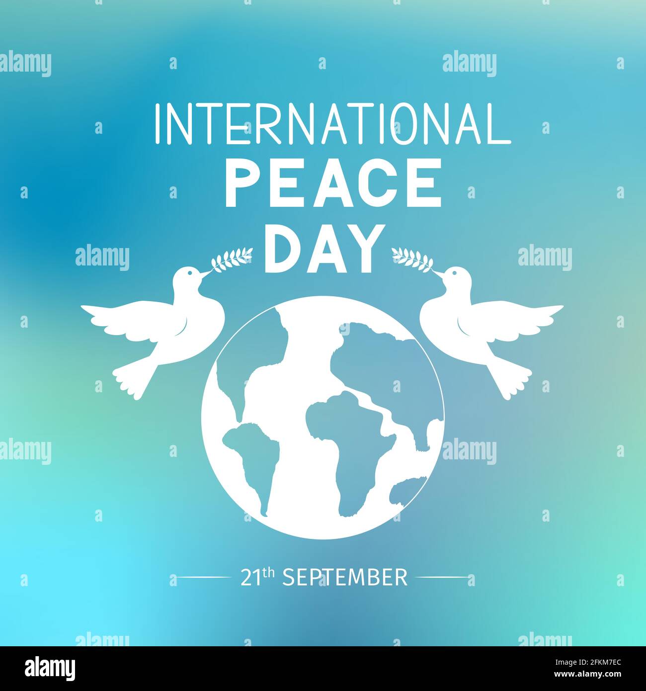 International Peace Day lettering with flying doves holding olive ...