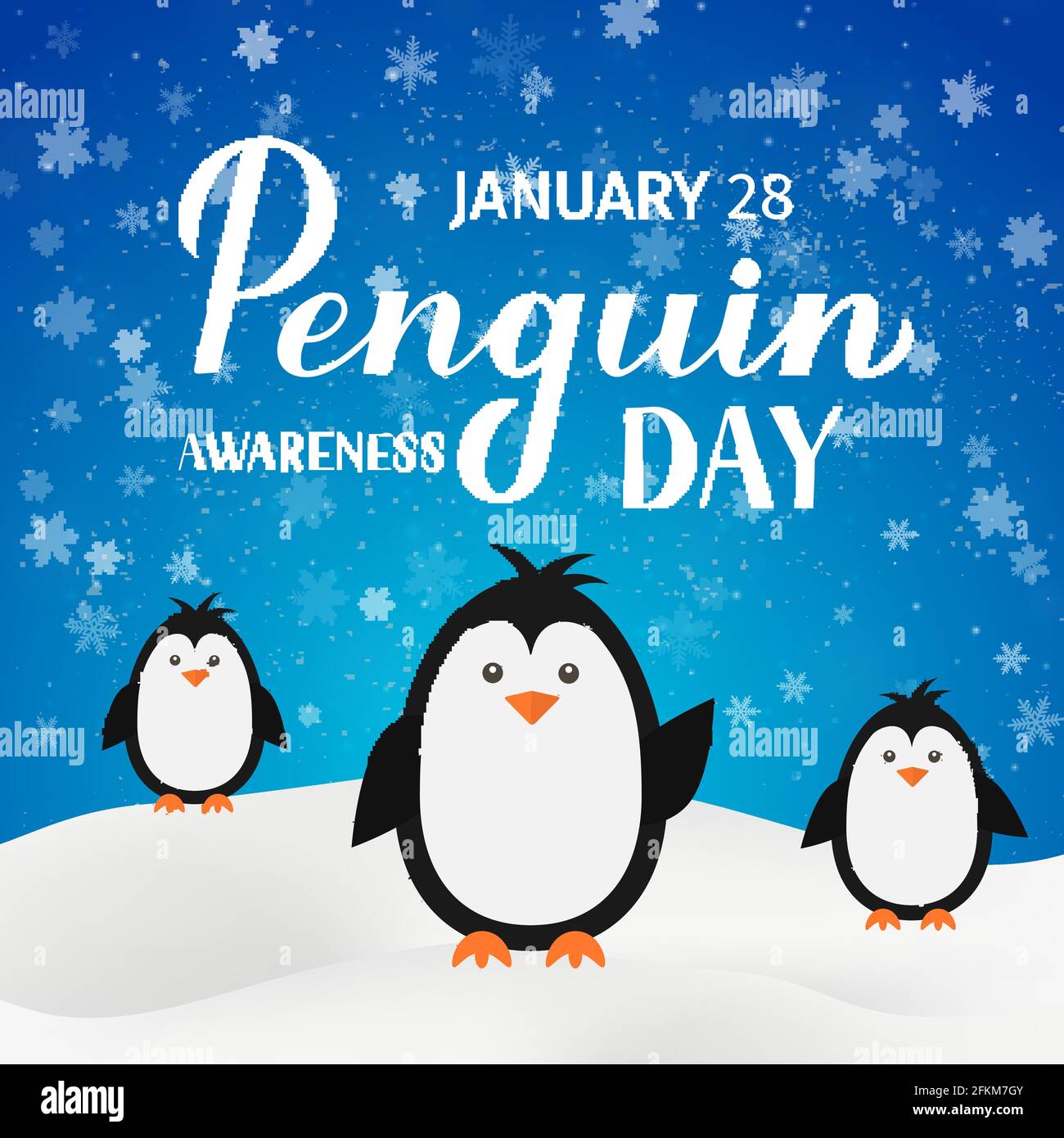 Penguin Awareness Day lettering with cute cartoon baby penguins on blue ...