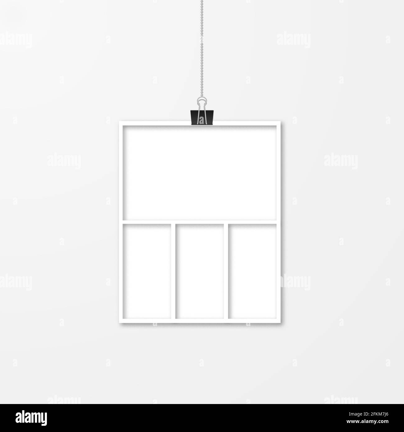 Realistic isolated white paper photo frame hanging by binder clips ...