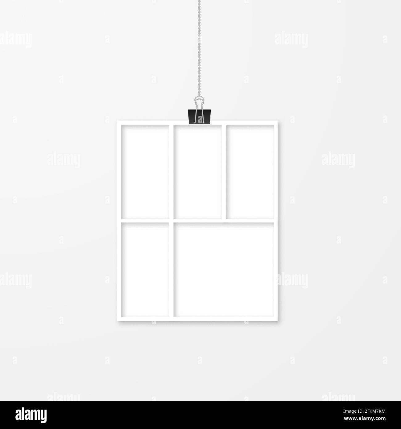 Realistic isolated white paper photo frame hanging with binder clips ...