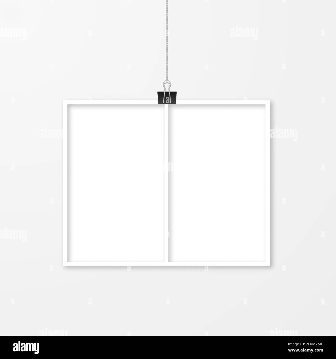 Realistic photo frame hanging with binder clips isolated on white ...