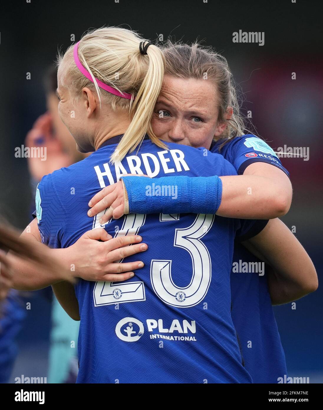 Kingston, UK. 02nd May, 2021. Erin Cuthbert embraces Pernille Harder of ...