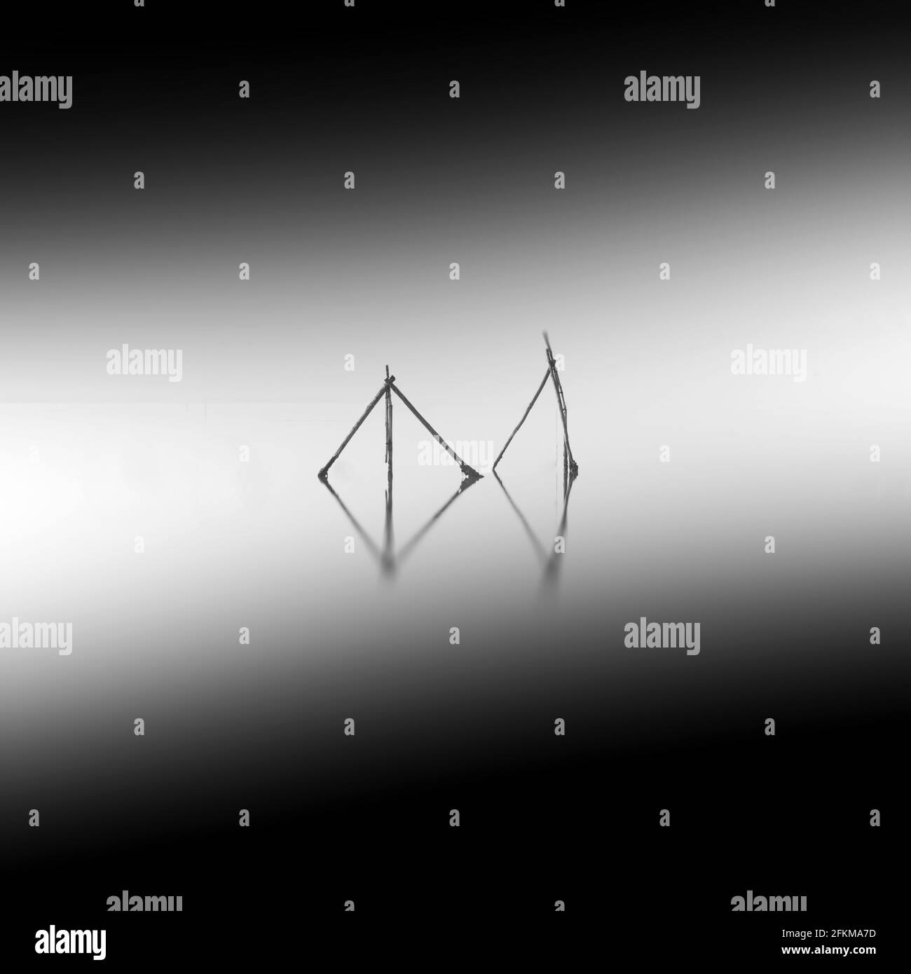 An abstract image of sticks in a plane area with reflection and black ...