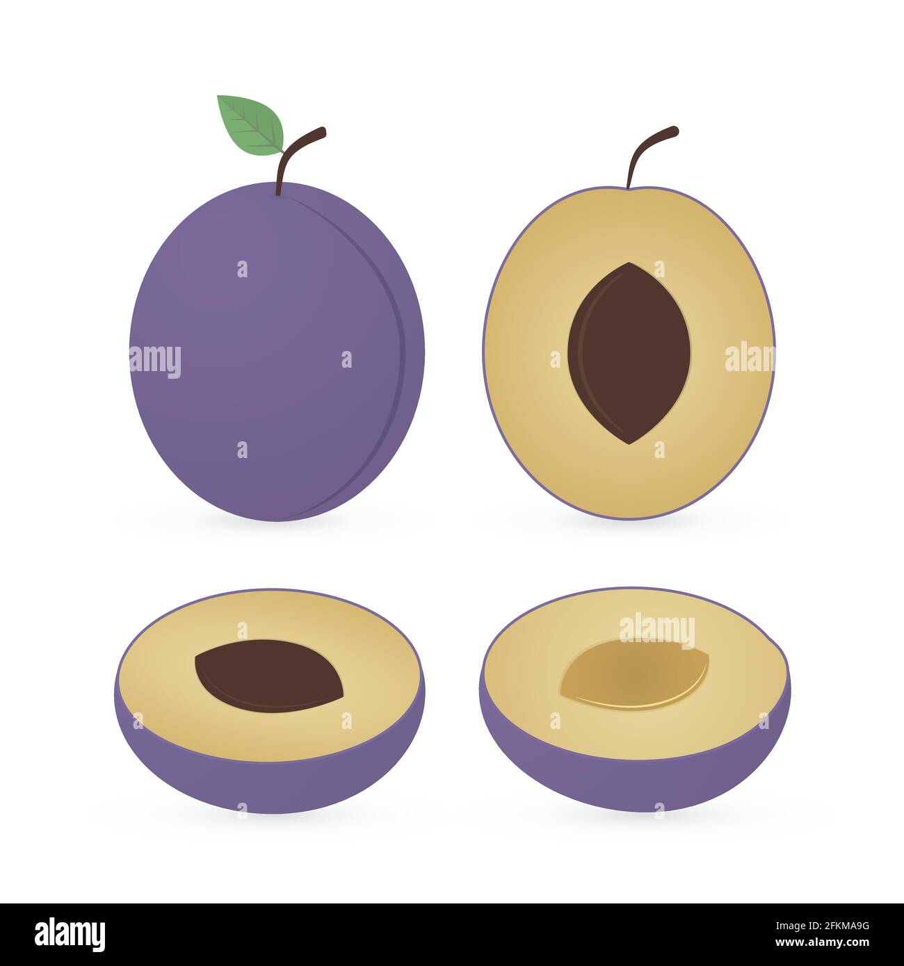 Set of plums with green leaves whole, cut, half. Plum flat icons ...