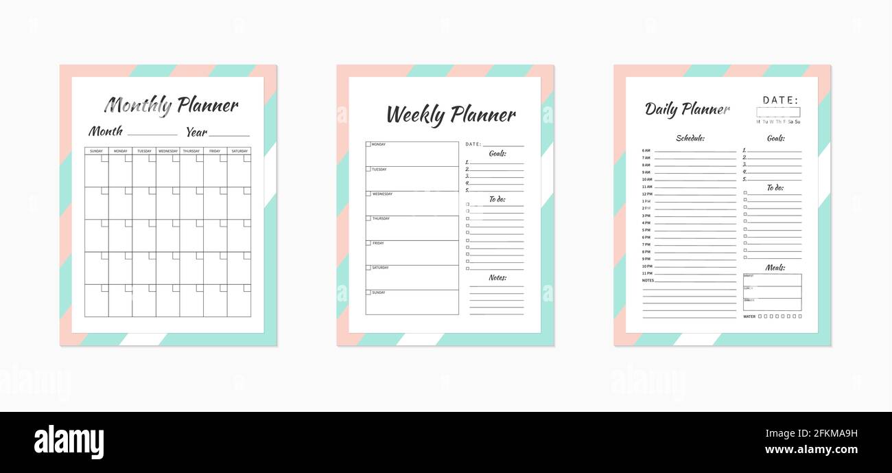 Daily, weekly and monthly planner templates. Blank white, pink and mint ...