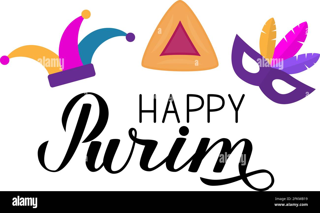 Happy Purim calligraphy hand lettering and jester hat. Mask and ...