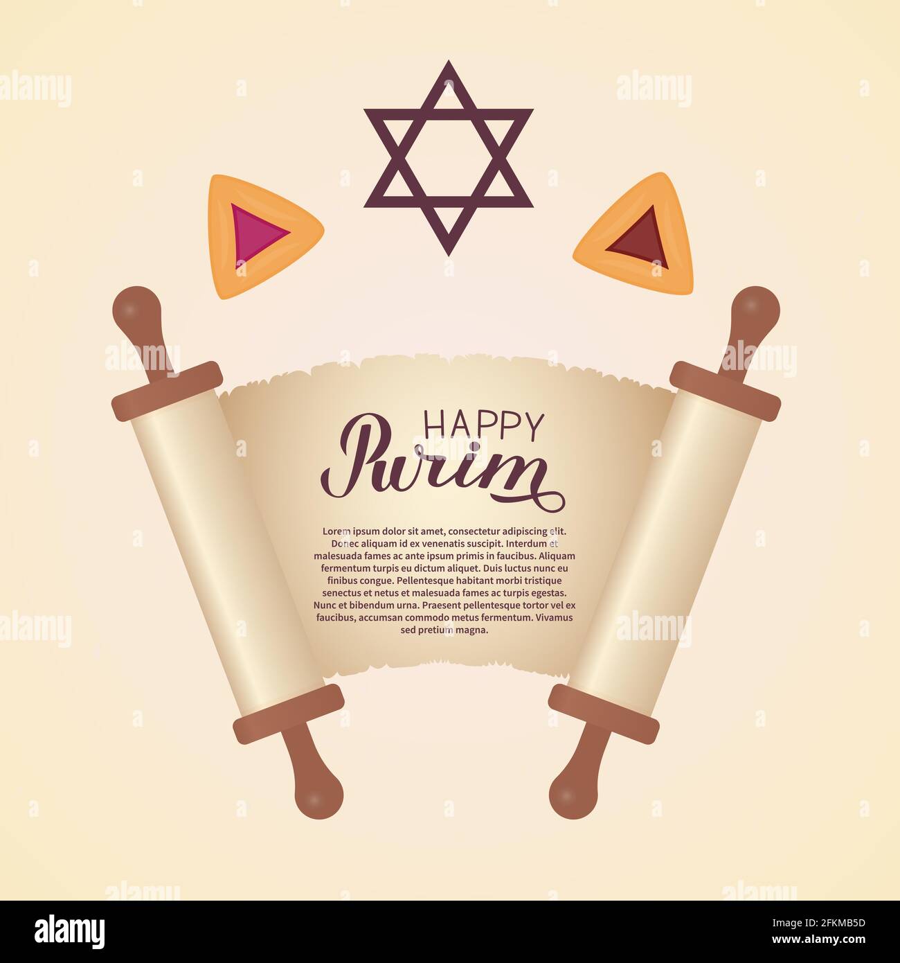 Happy Purim lettering written on old scroll paper and hamantaschen ...