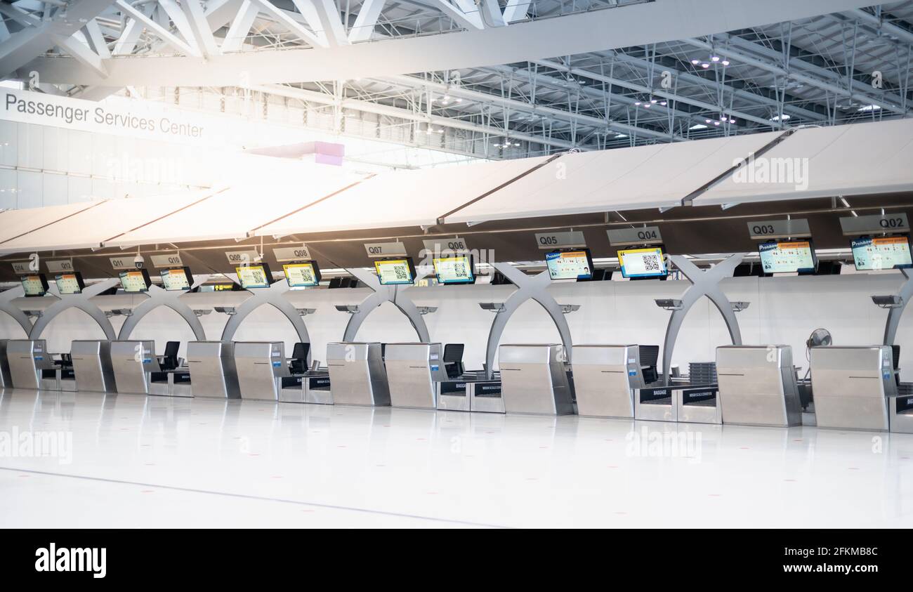 BANGKOK THAILAND APR 14 2021 The public check-in area of an airport ...