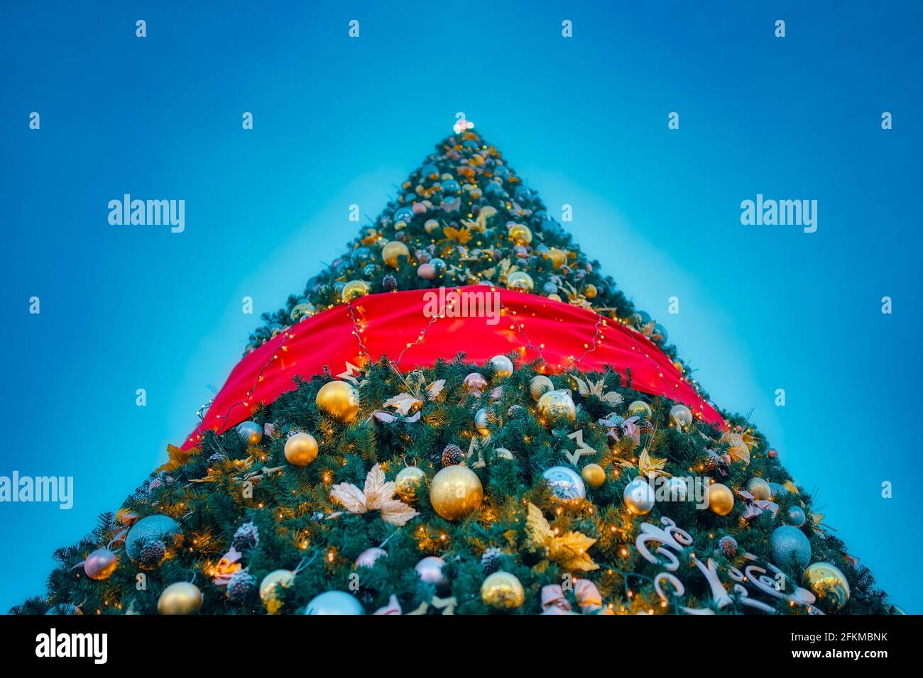 Christmas tree under blue sky. Bottom view of festively decorated tree ...