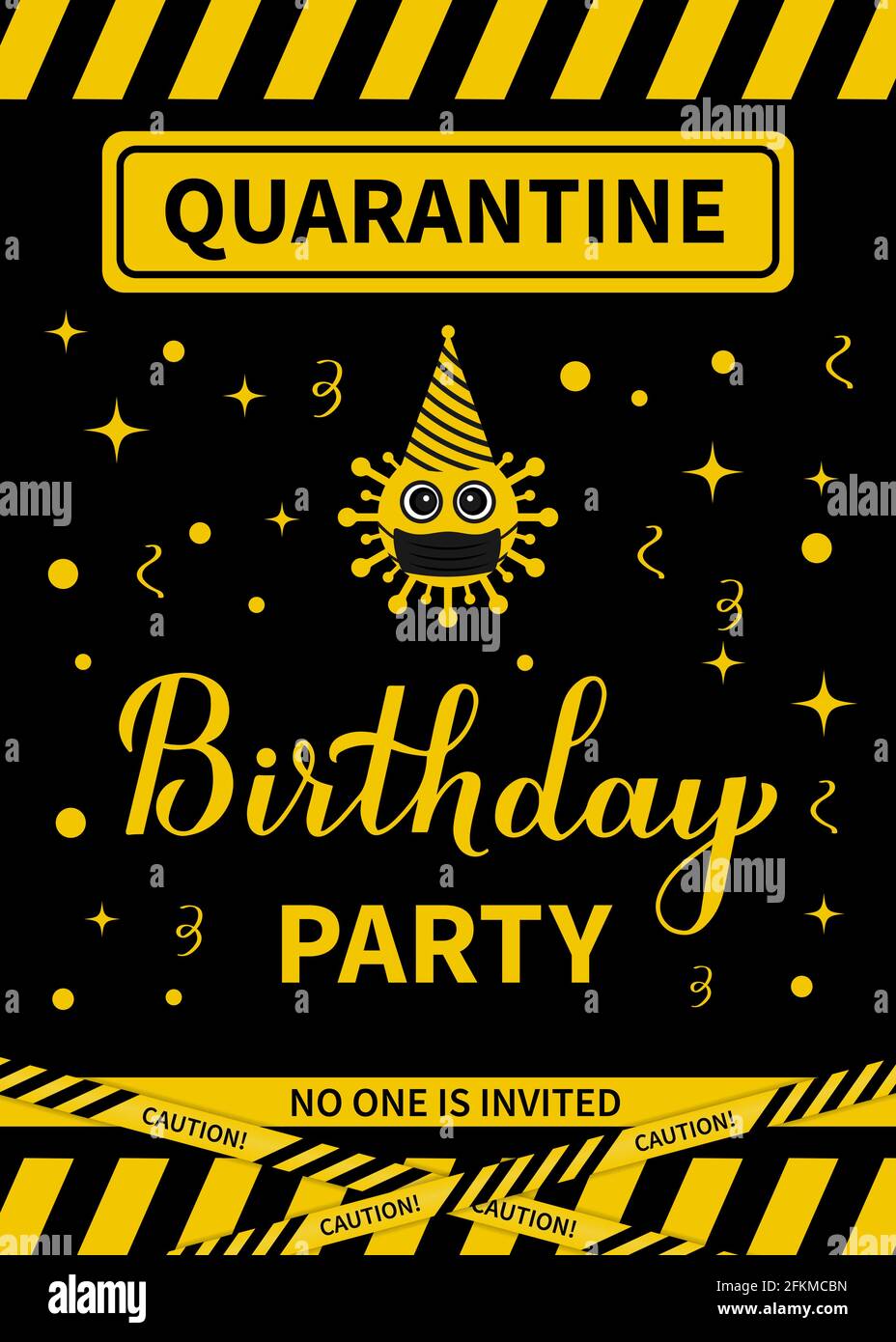 Quarantine Birthday Party sign with cute cartoon virus wearing ...