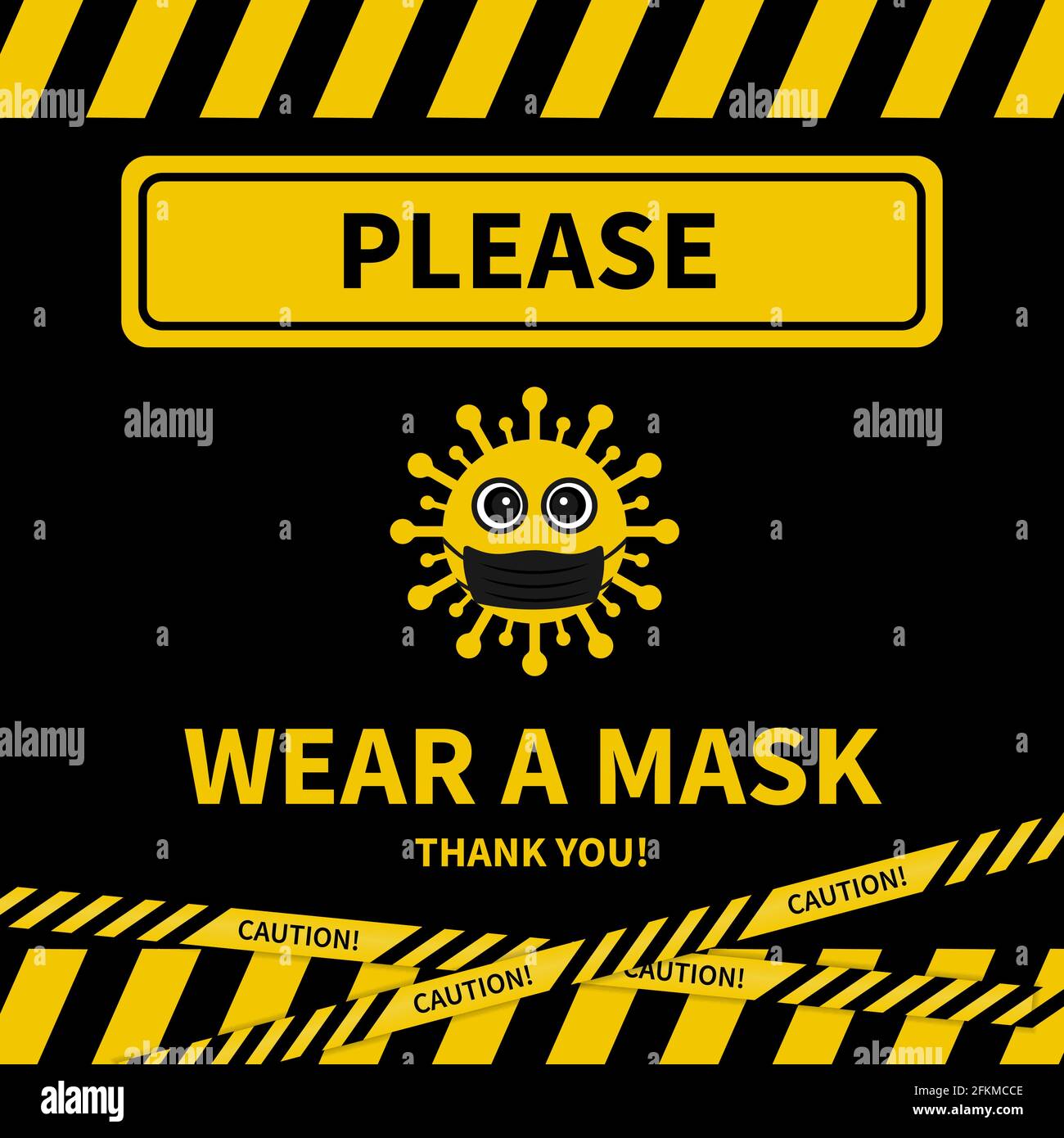 Please wear mask sign with cute cartoon virus wearing protective mask ...
