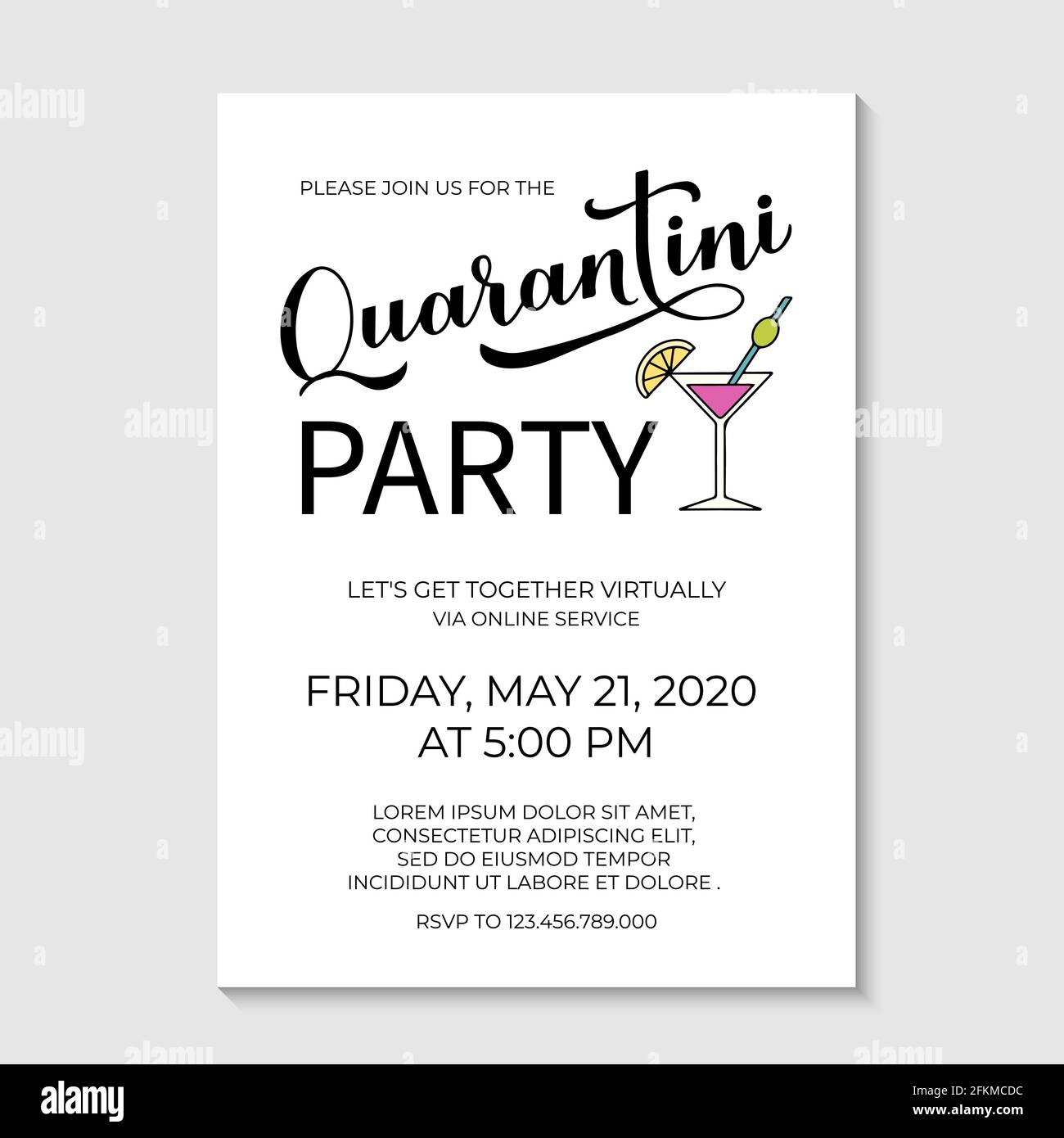 Quarantini party invitation. Calligraphy lettering and hand drawn ...