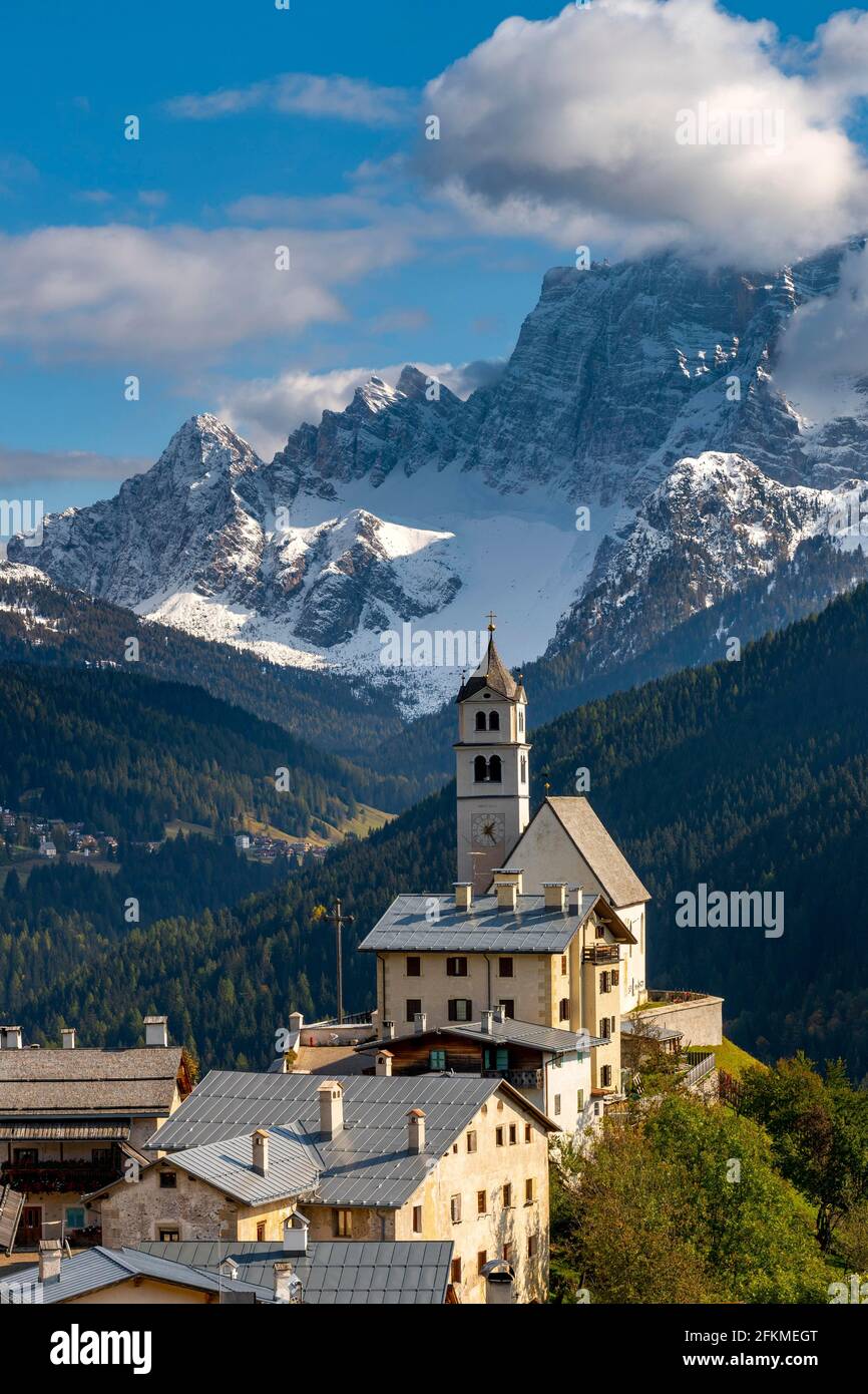 Church of Colle Santa Lucia with peak of Monte Pelmo in the background ...