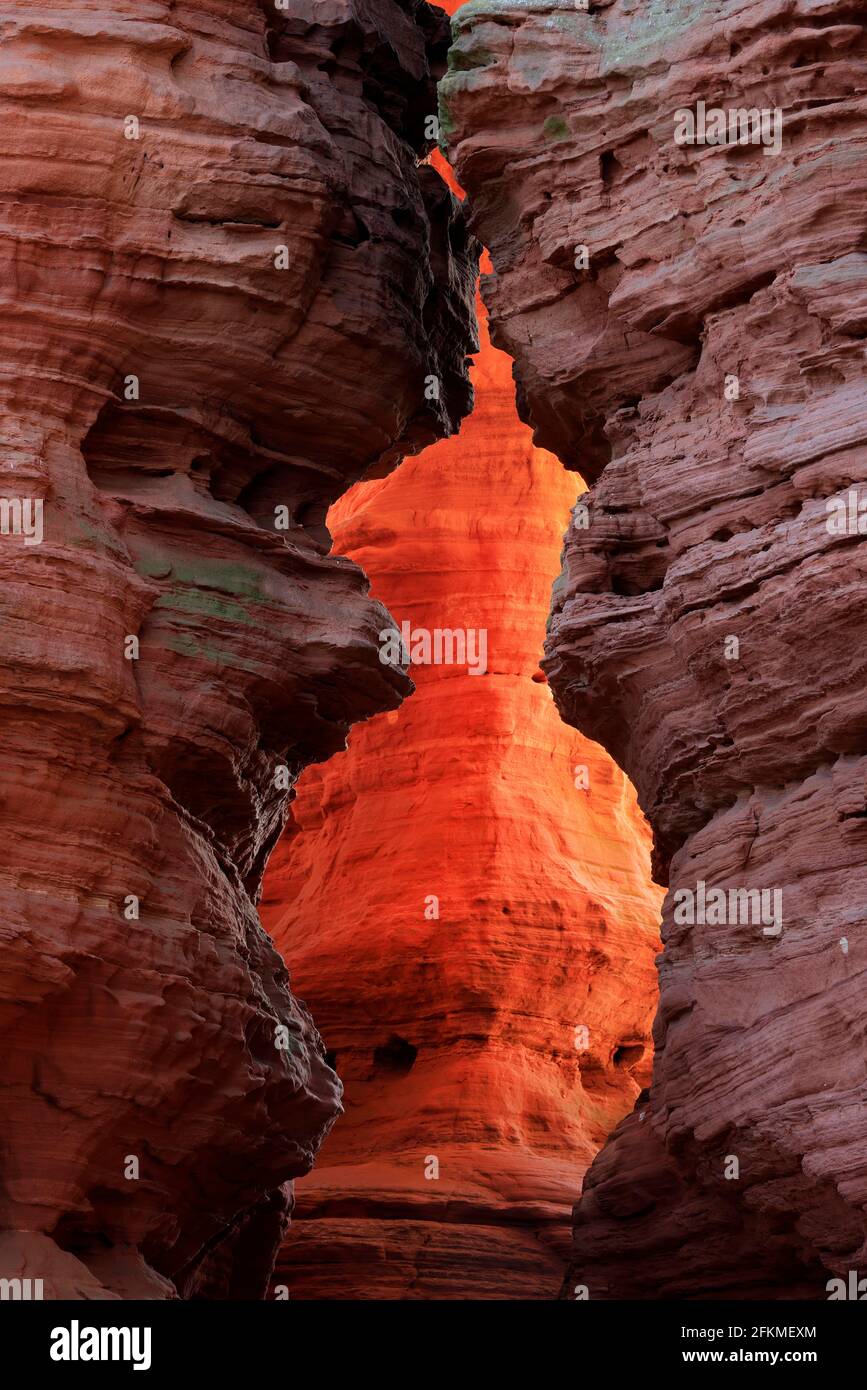 Rock formation of sandstone at light incidence, rock glow, old castle ...