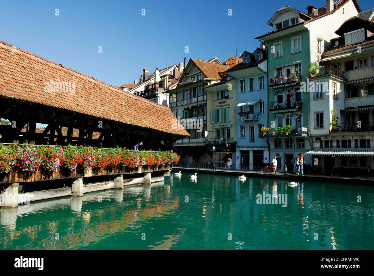 Covered wooden bridge over the Aare, Thun, Canton of Bern, Switzerland ...
