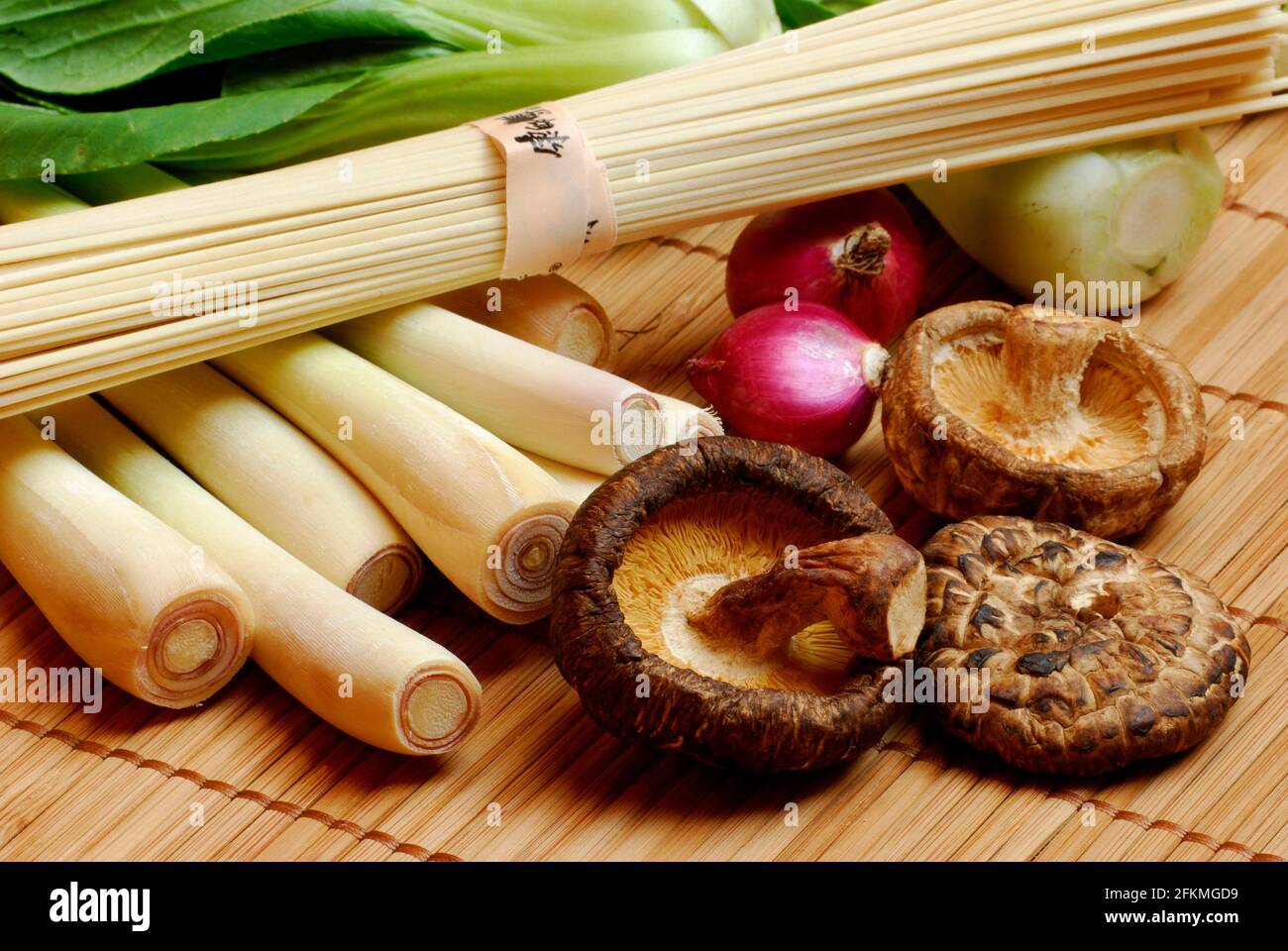 Asian cuisine, noodles, pak choi, lemongrass, red onion and shitake ...