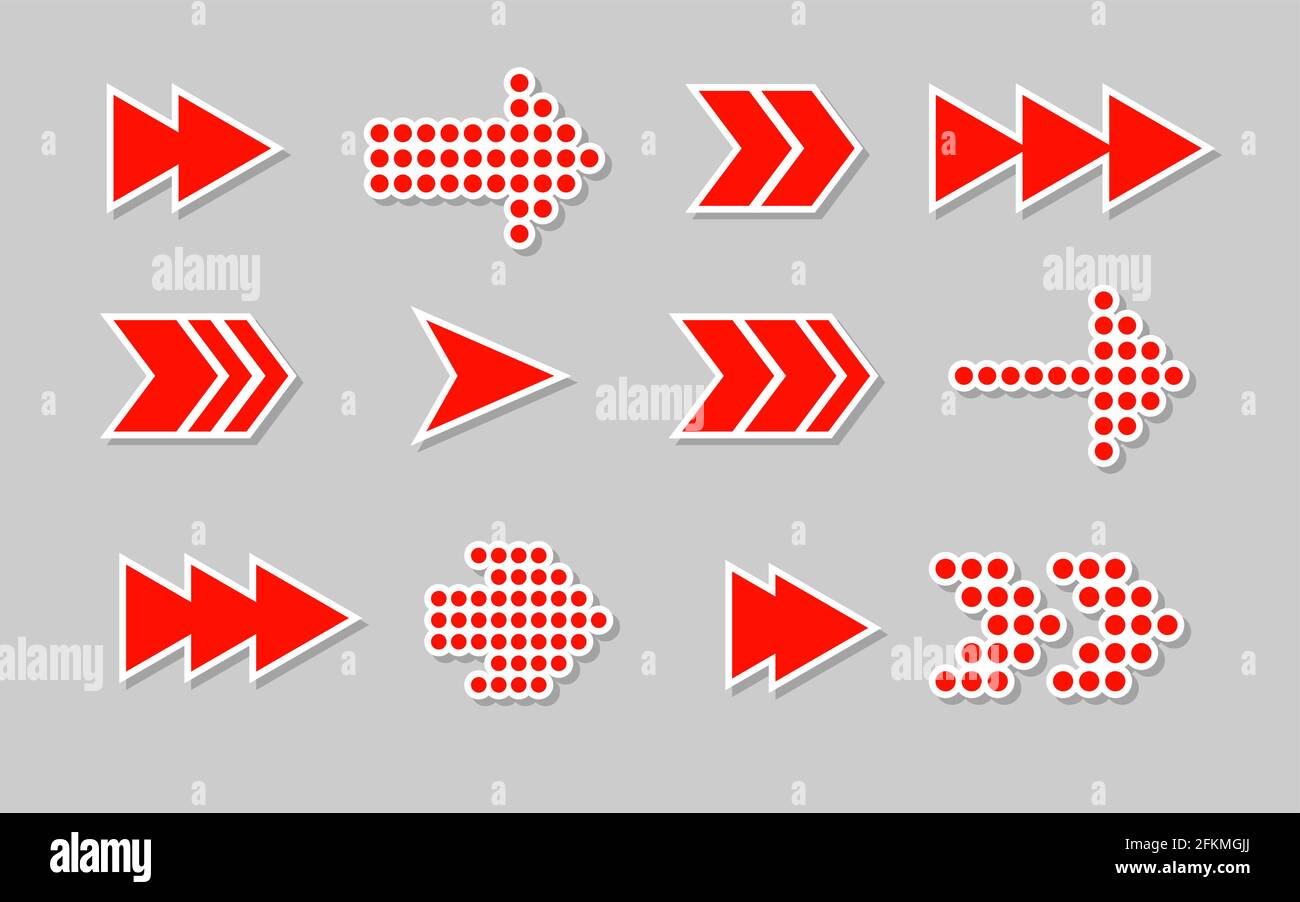 Flat red paper arrow stickers with shadows, icons set. Cursor labels ...