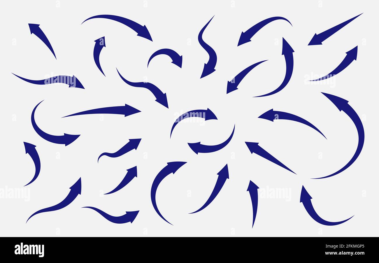 Calligraphic blue arrow icon set. Flat curved cursor sign. Different ...