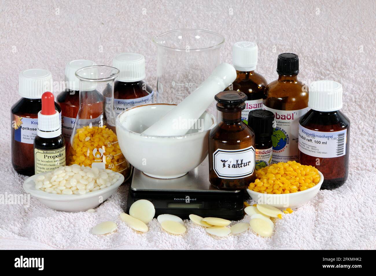 Ingredients for ointment production, beeswax, lame cream, cocoa butter ...
