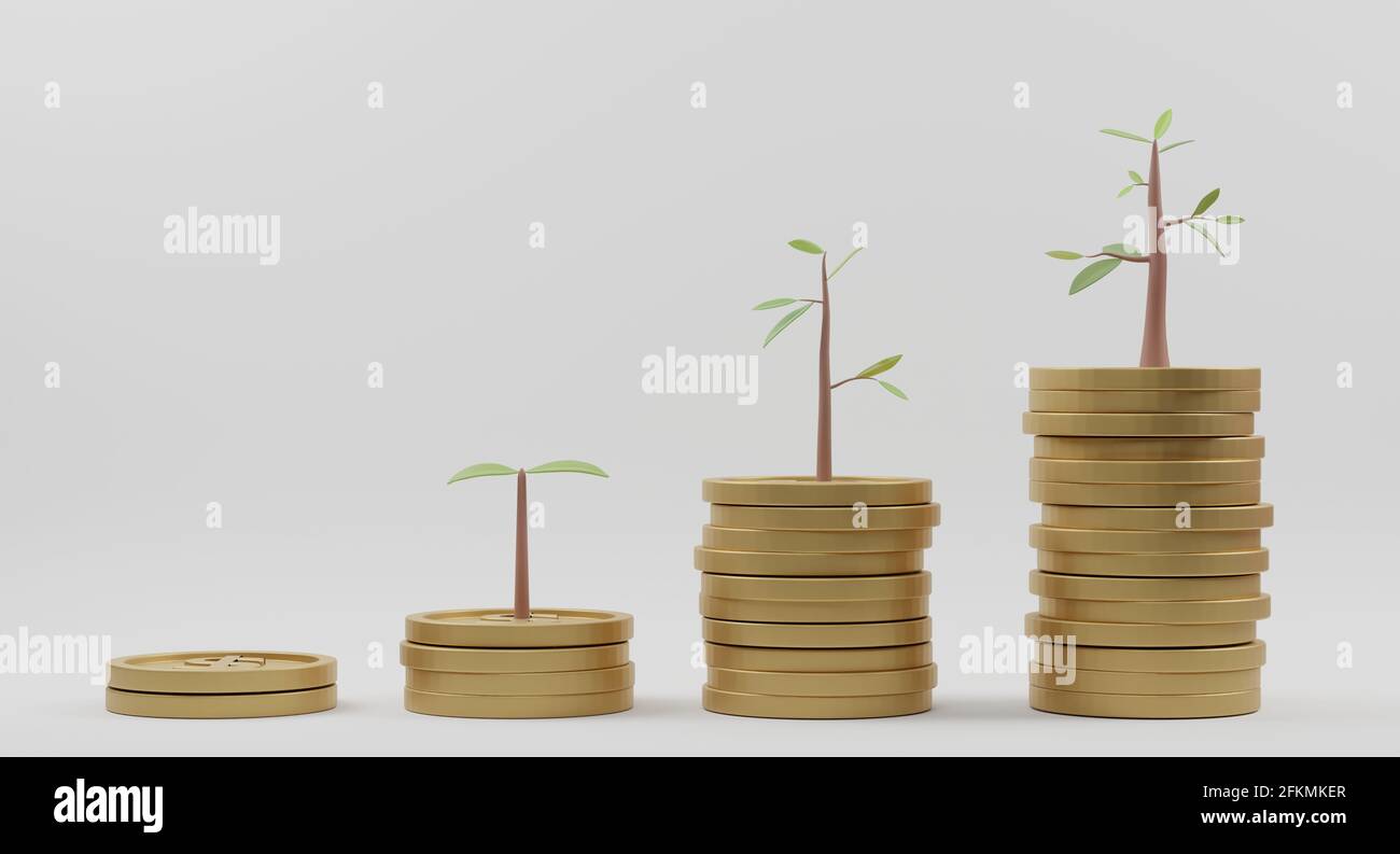 3D Rendering. Growing tree on coins stack growth graph on white ...