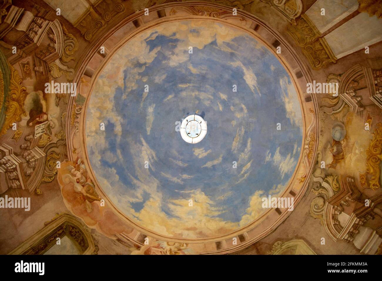 Ceiling of an unknown chapel. Bottom view. Ancient colorful ceiling in ...