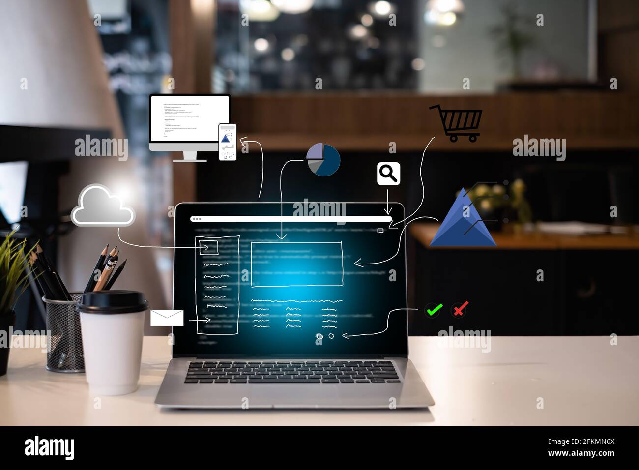 Mock up laptop conputer on desk in modern office with icon. web ...