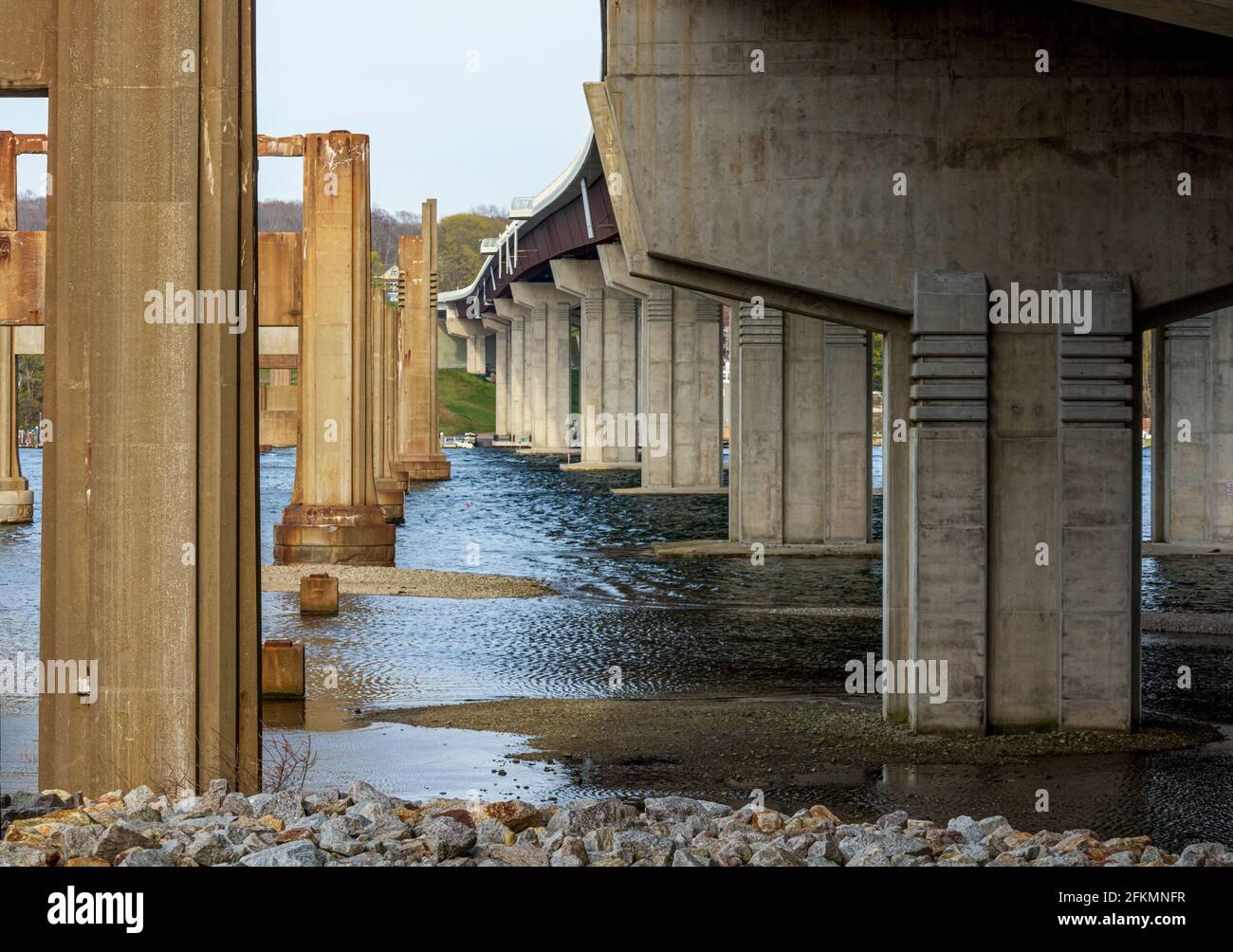 Old and new bridges through Sakonnet River in Tiverton, Rhode Island ...