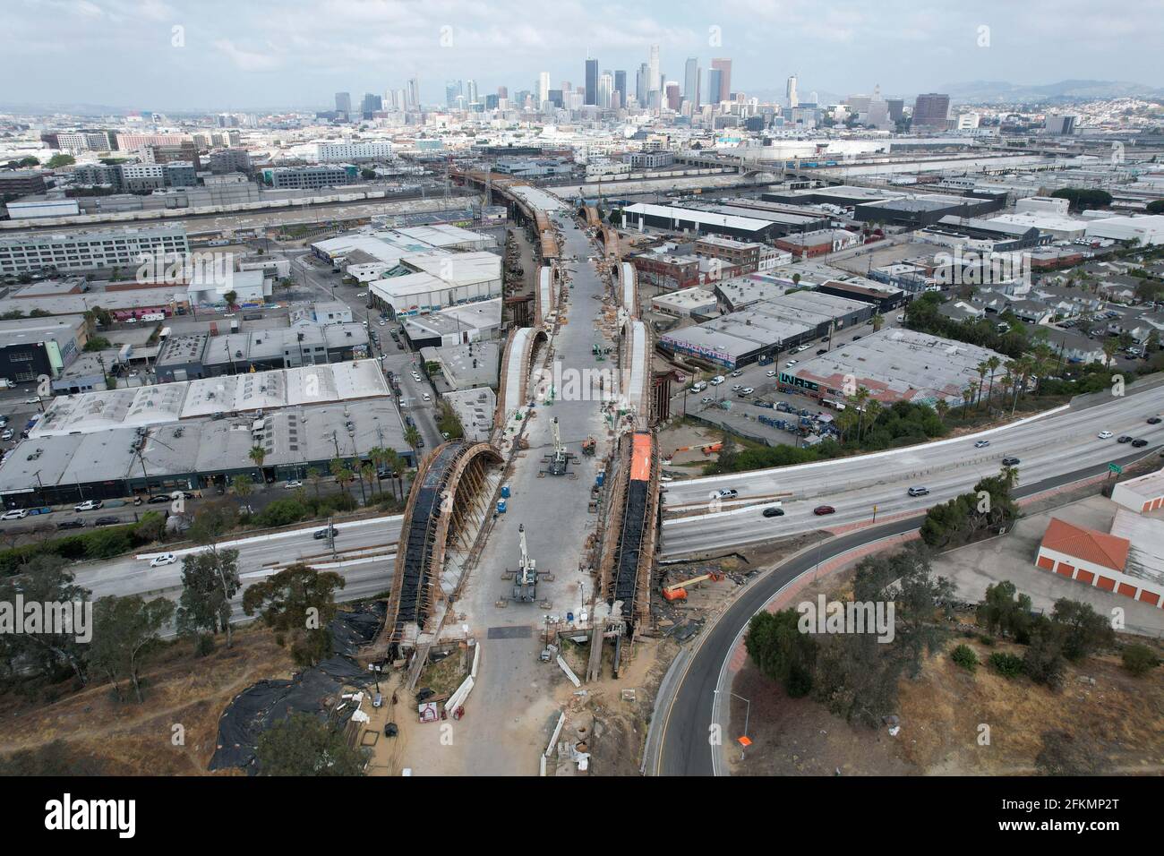 An aerial view of construction of the Sixth Street Viaduct bridge ...