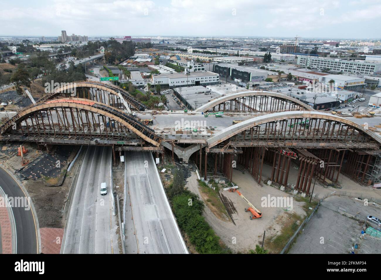 An aerial view of construction of the Sixth Street Viaduct bridge ...