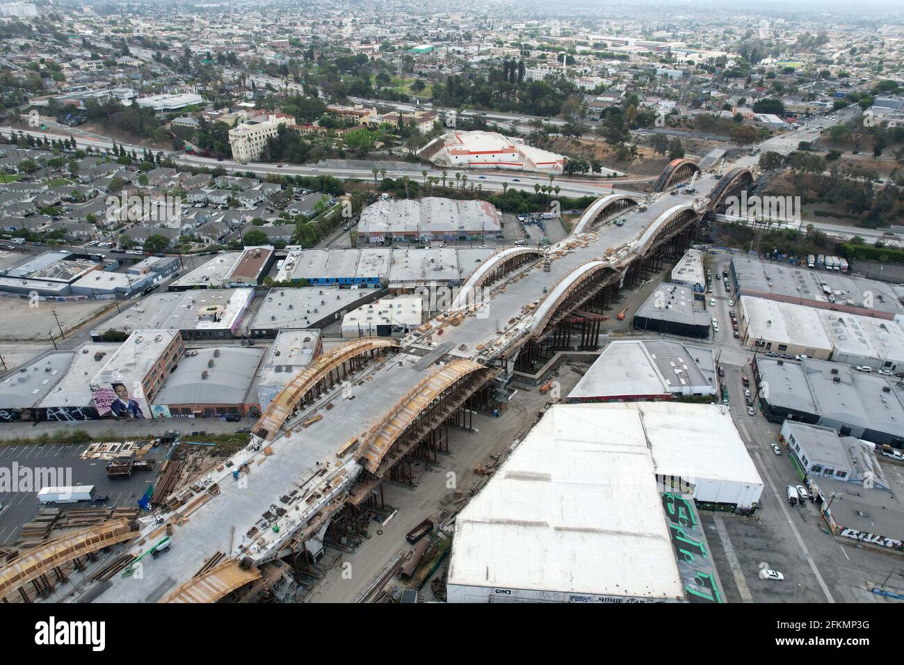 An aerial view of construction of the Sixth Street Viaduct bridge ...
