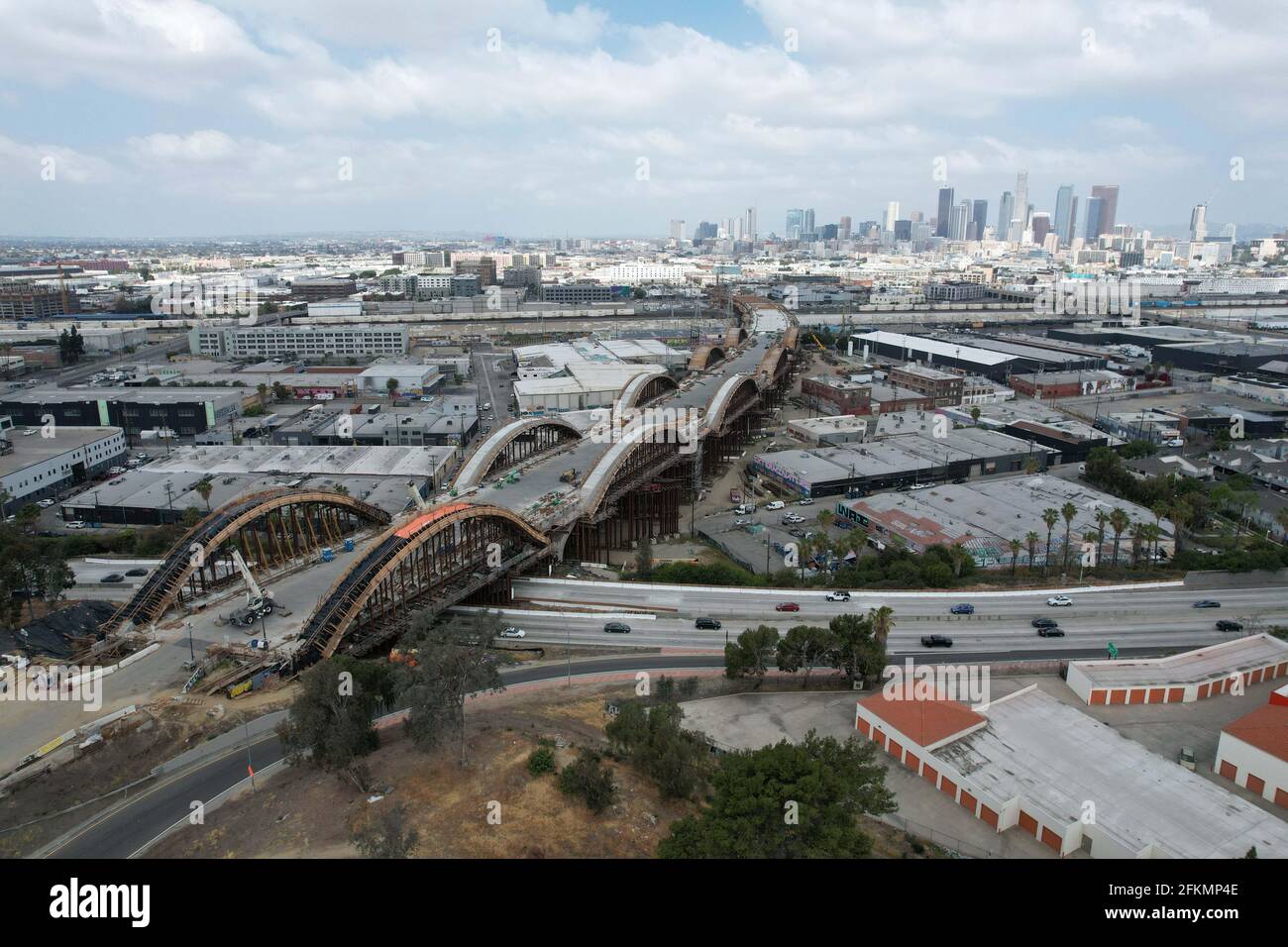 An aerial view of construction of the Sixth Street Viaduct bridge ...